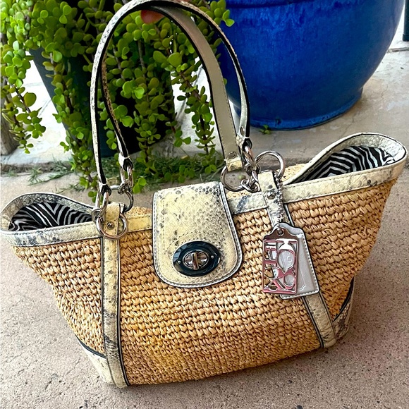 Coach | Bags | Coach Hampton Python Leather Trims Straw Turn Lock ...
